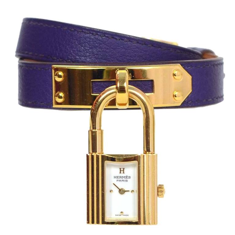 Hermes Iris Purple/ Tan 20mm Goldtone Kelly Lock Double/Single Tour ...