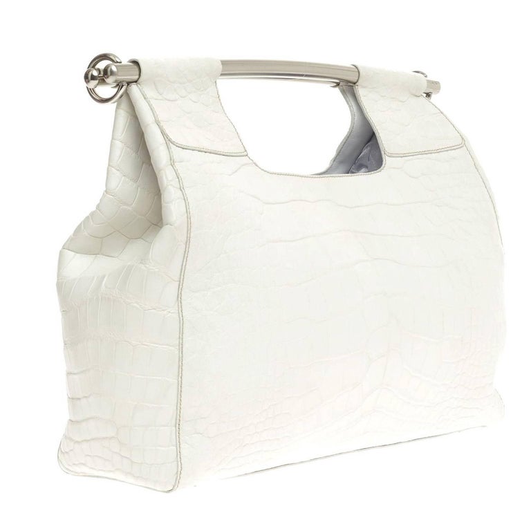 Prada White XL Size Exotic Alligator Crocodile Skin Bag Tote Hand Bag ...