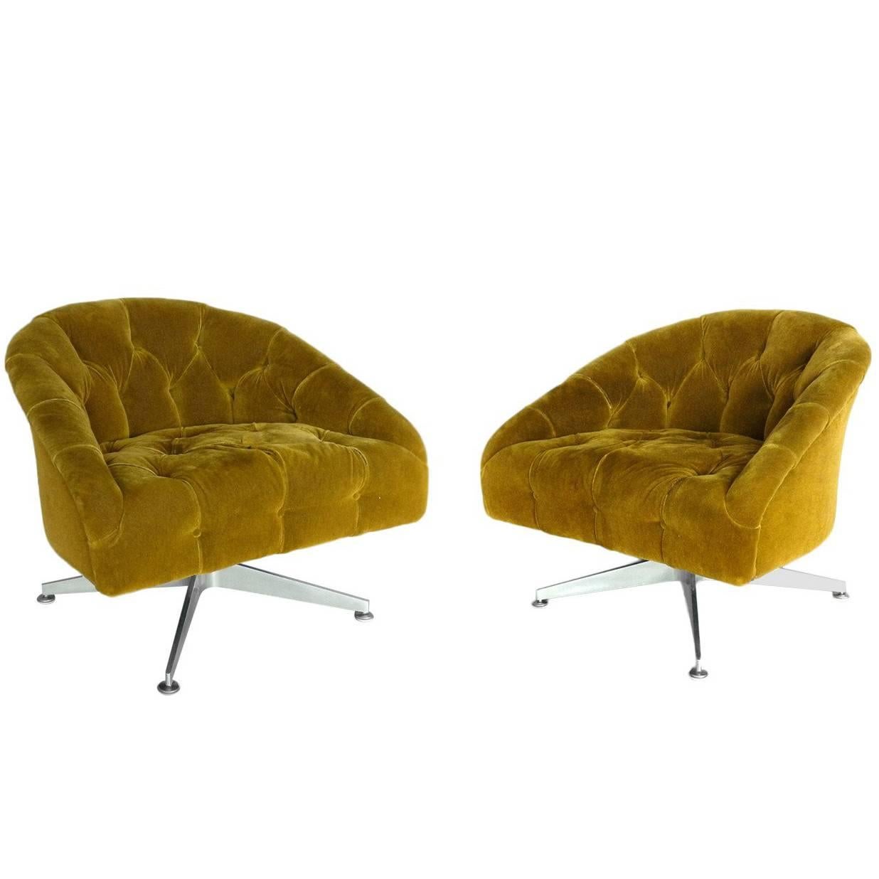 Pair of Ward Bennet Aluminum Base Button-Tufted Swivel Chairs at 1stDibs