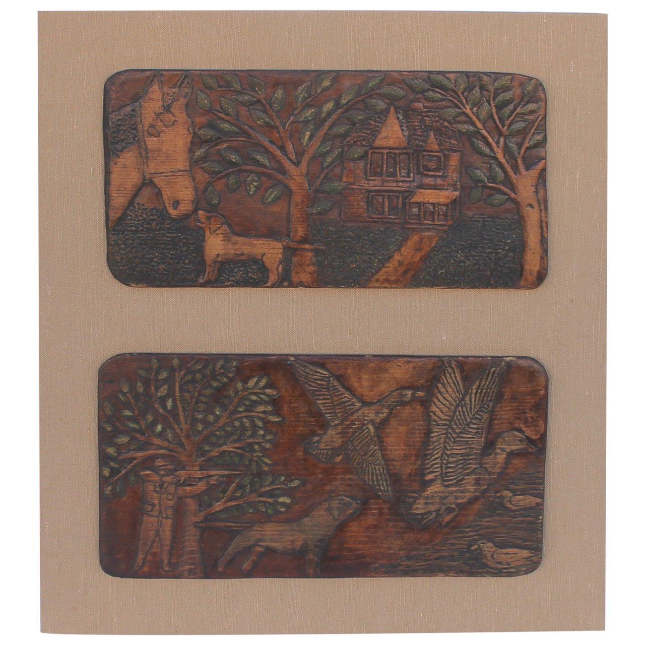 Pair of Folk Carved and Painted Wood Plaques on Board at 1stDibs