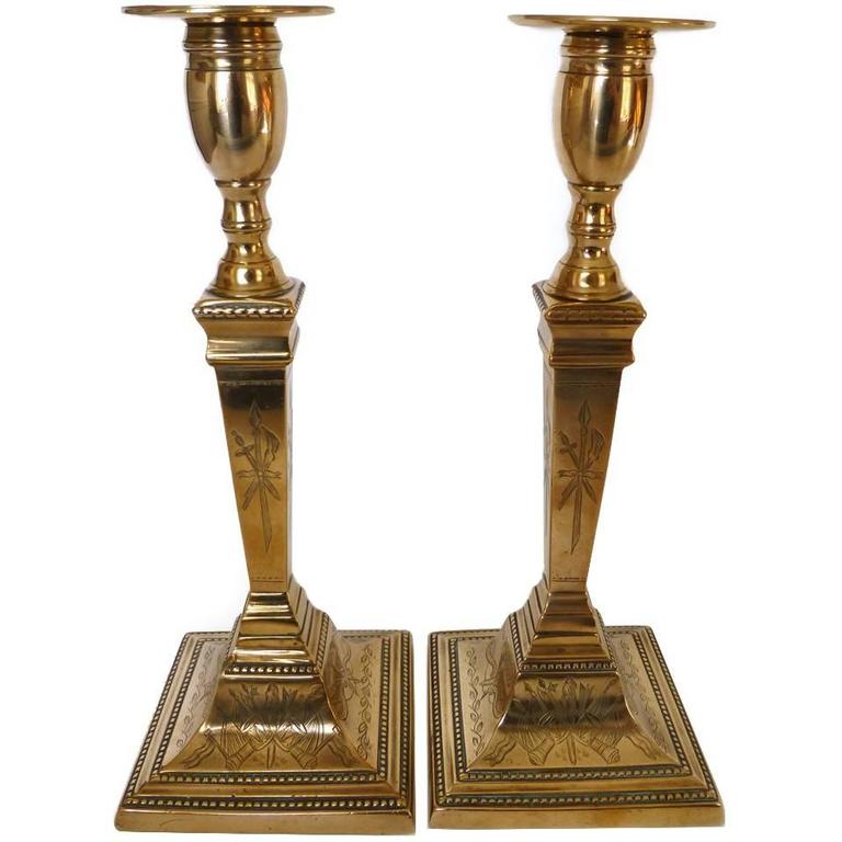 Pair of Rare Finely Detailed Engraved English Gunmetal Candlesticks ...