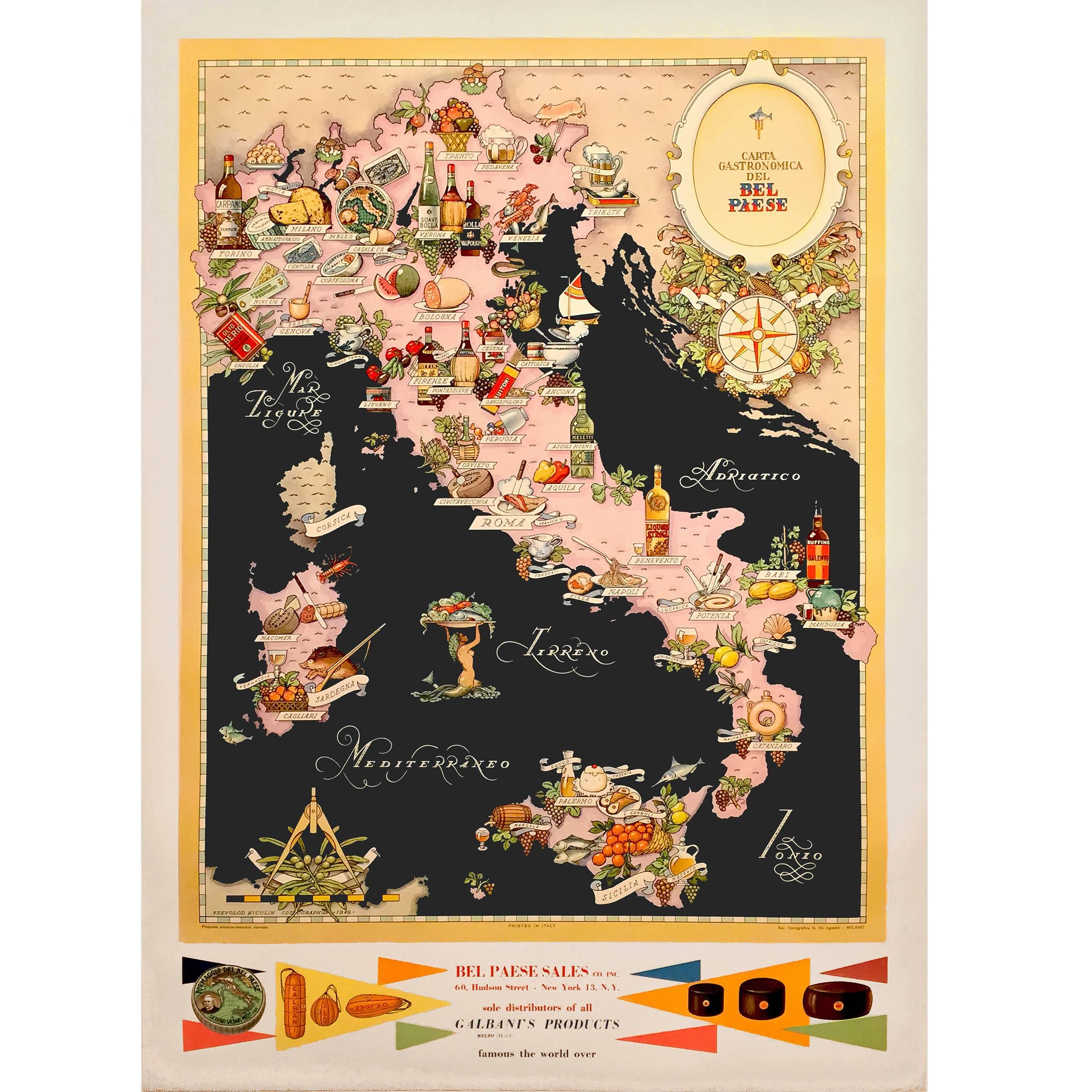 Mid-Century Modern Italian Illustrated Food and Liquor Map, 1949, Large ...