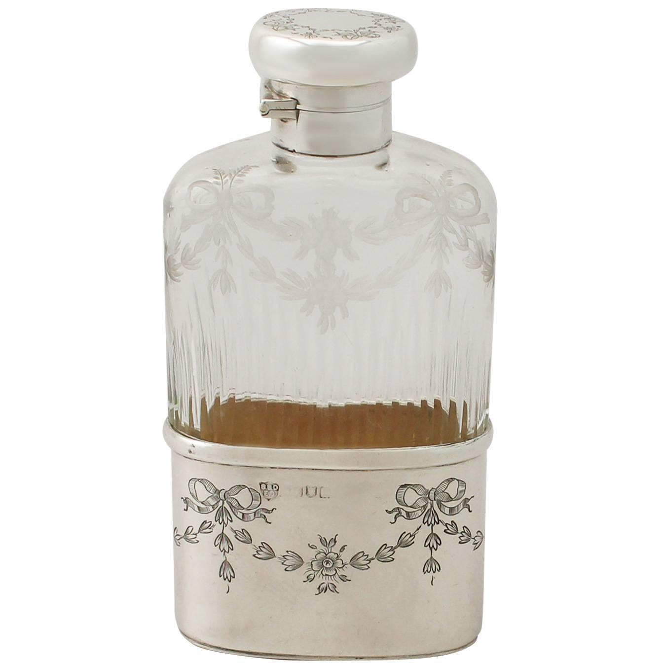 Acid Etched, Cut Glass and Sterling Silver Hip Flask, Antique George V ...