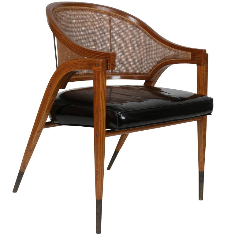 Edward Wormley Walnut and Rattan Armchair at 1stDibs