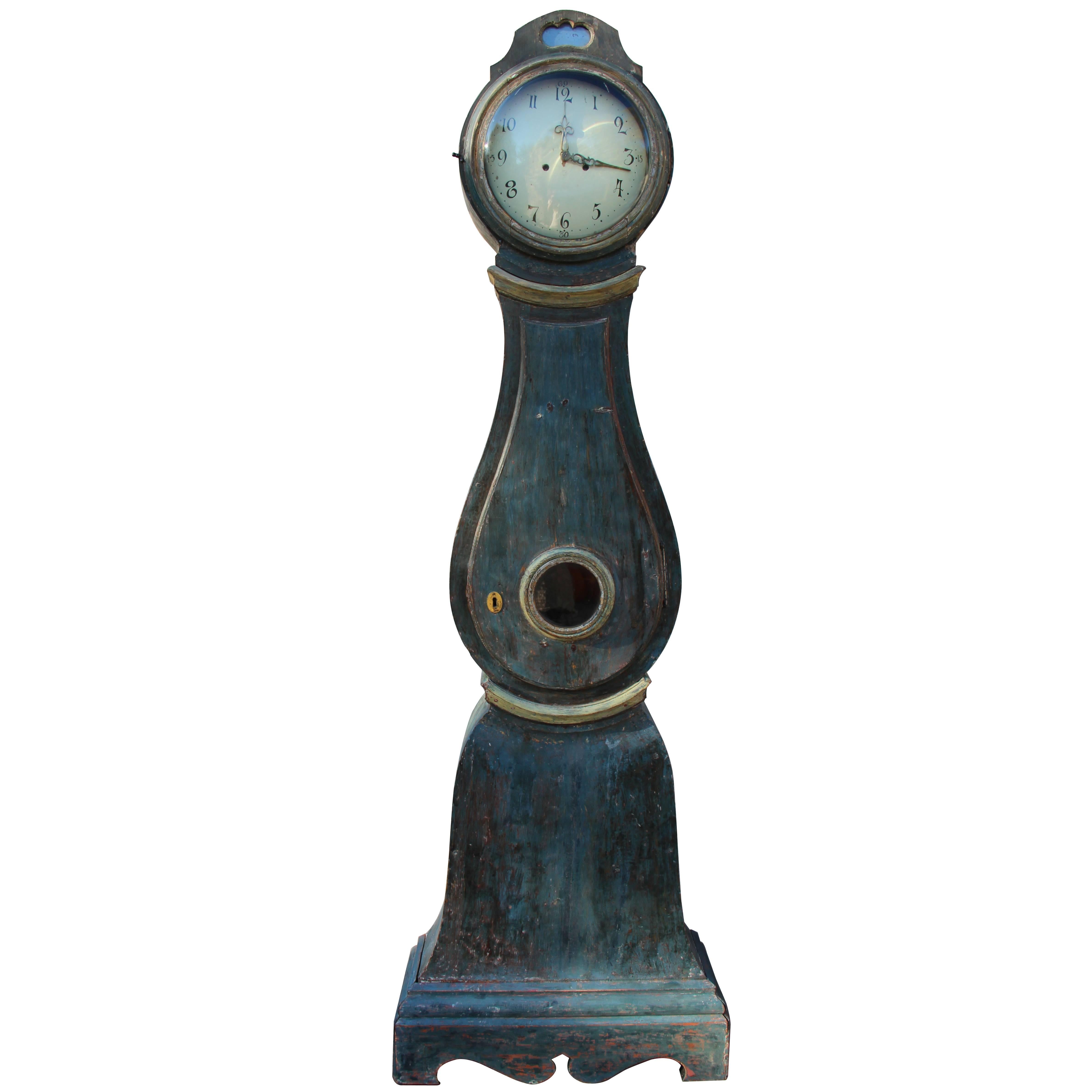 Swedish Gustavian Mora Long Case Clock in Original Blue Paint, 19th ...