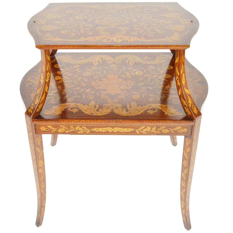 Dutch Marquetry Style Two-Tiered Tea Table For Sale at 1stDibs