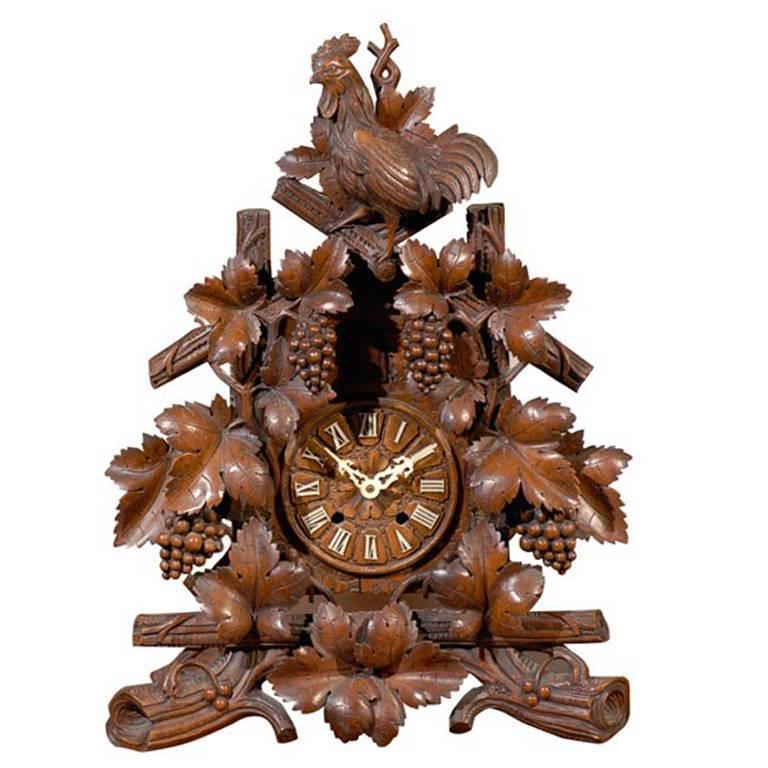 19th Century Black Forest Carved Wood Clock with Rooster and Grapes at ...