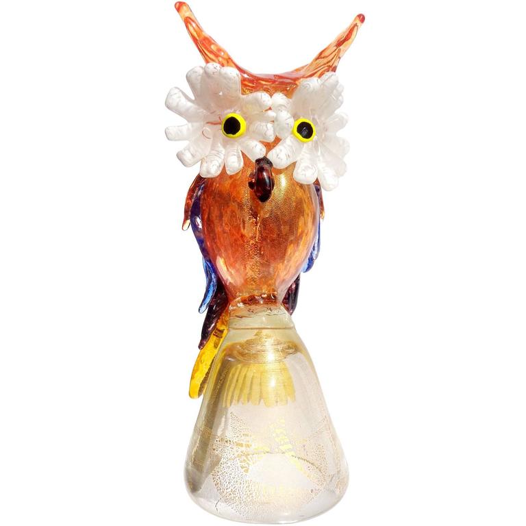 Avem Murano Gold Flecks Applied Feather Italian Art Glass Owl Bird Sculpture For Sale At 1stdibs