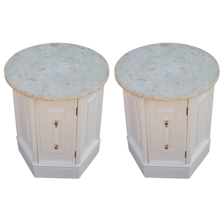 Luxe Pair of Hexagonal Lacquered Side Tables with Round Marble Tops at ...