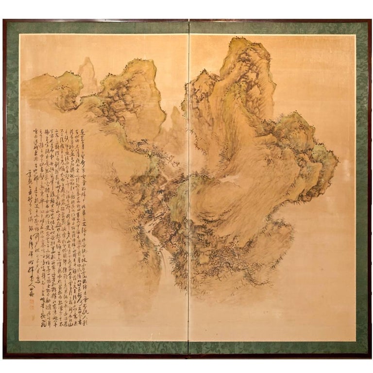 Japanese Two Panel Screen: Mountain Landscape with Calligraphy For Sale ...