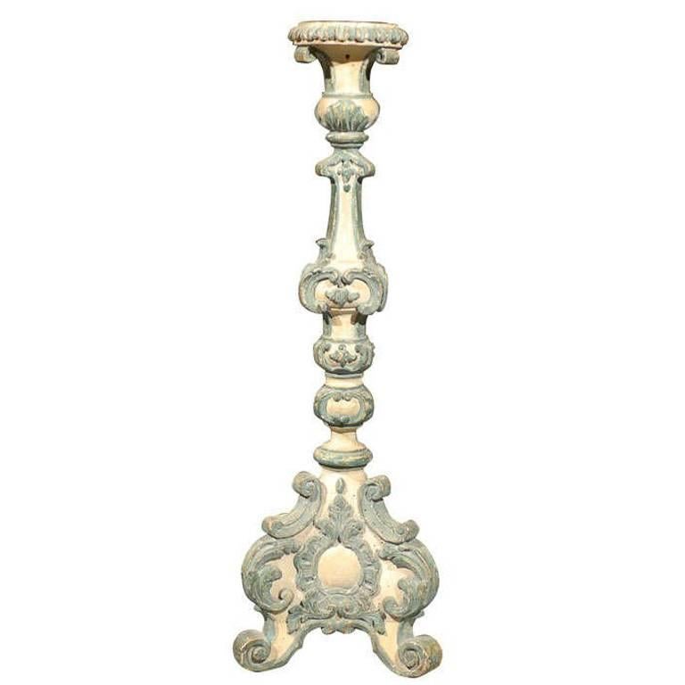 18th Century Italian Rococo Single Carved Candlestick, Painted with ...