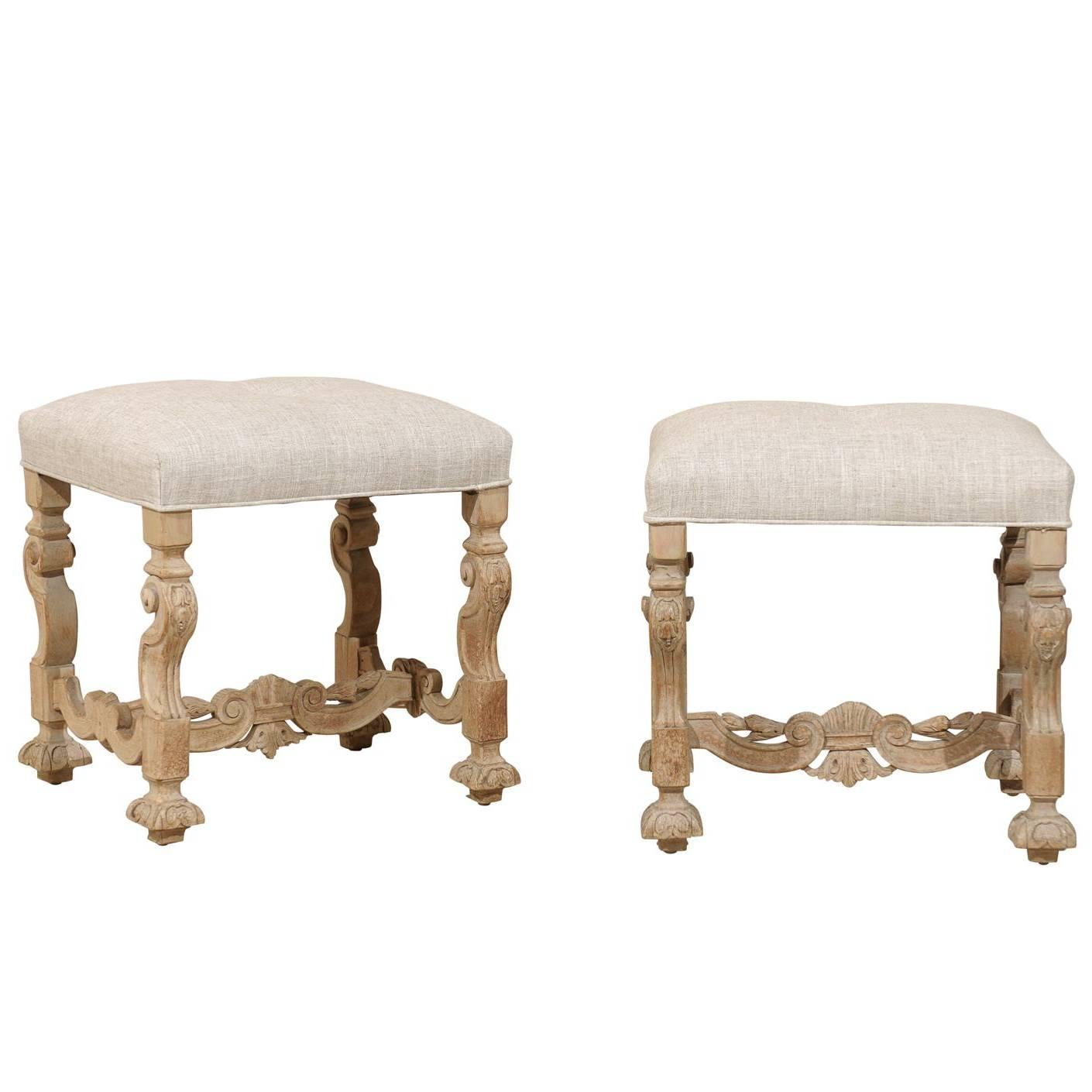 Pair of Italian Carved and Upholstered Foot Stools from the Late 19th ...