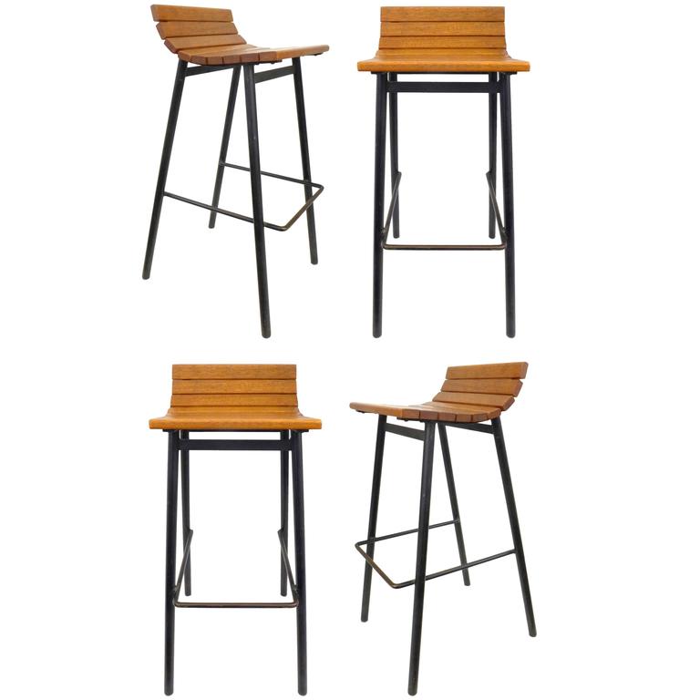 Set of Four Iron and Mahogany Bar Stools by Vista Furniture Company at ...