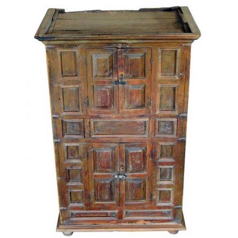 Rustic Indian Wood Cabinet with Five Hand Carved Doors, Mid-19th ...