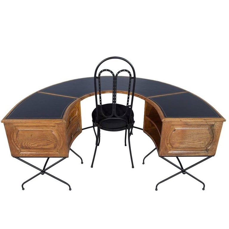 Distressed Oak Horseshoe Desk and Matching Rod Iron Chair at 1stDibs