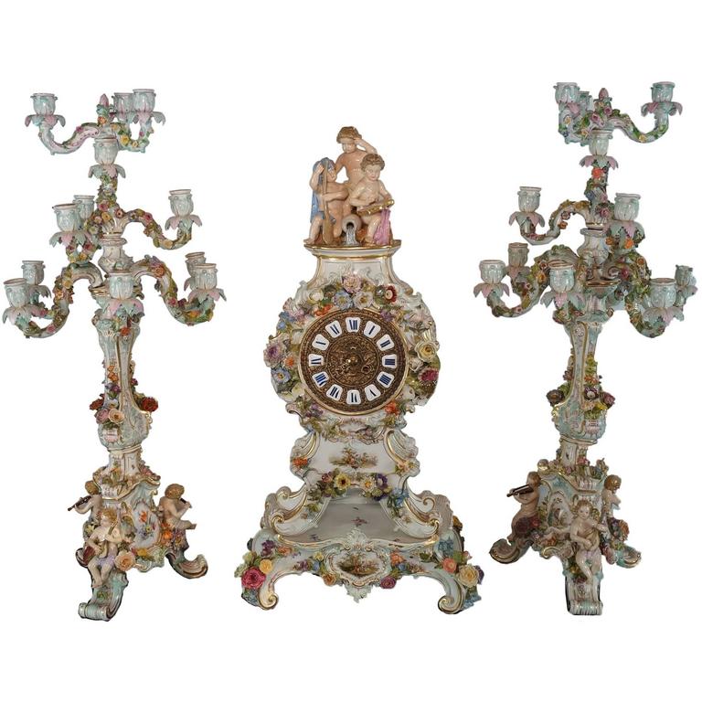 Very Large Three-Piece Meissen Porcelain Figural Flower Encrusted Clock ...