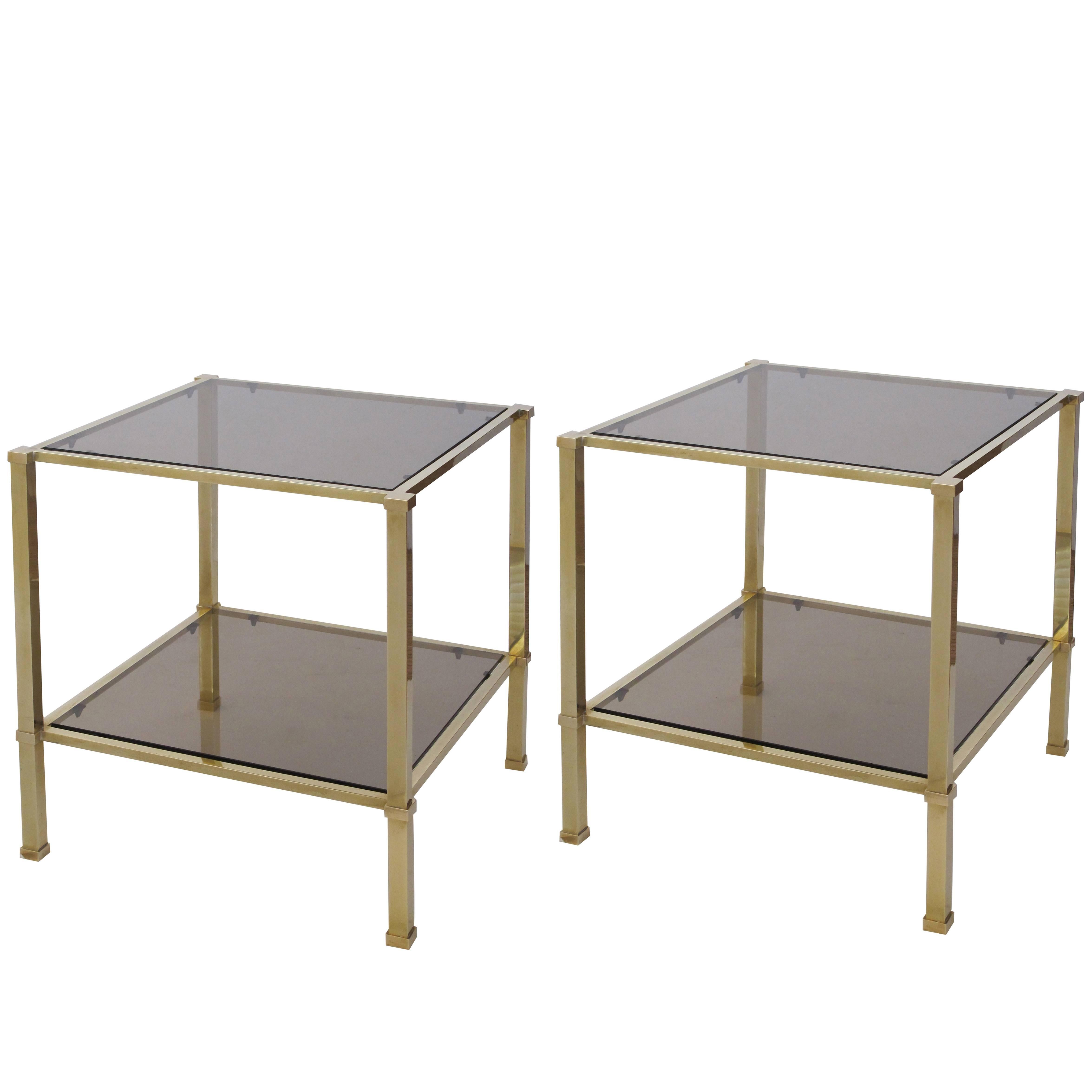 1970s French Two-Tier Brass and Chrome Square Side Tables with Smoked ...