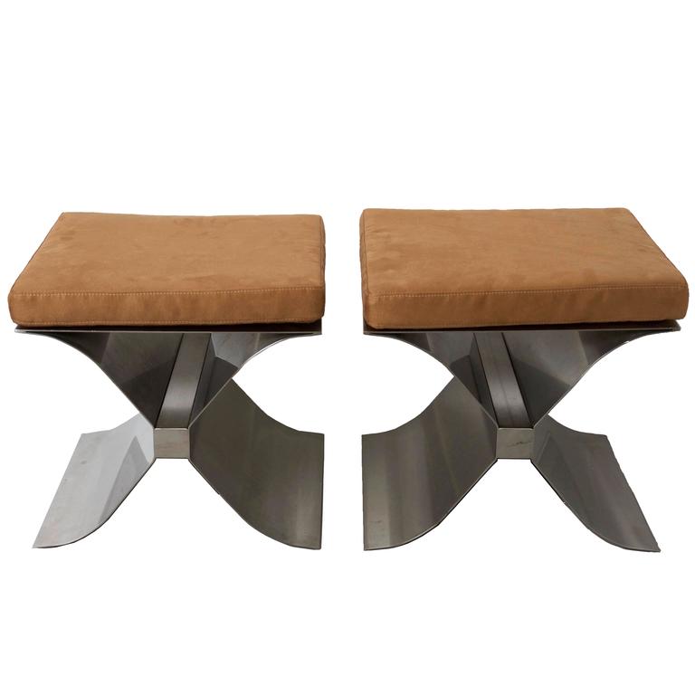1970s, Francois Monnet, Kappa, Pair of Stainless Steel X-Leg Stools, Suede Seat at 1stDibs