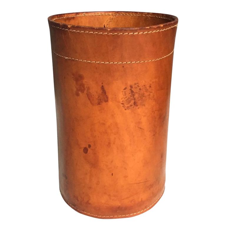 Leather Trash Bin in the Style of Jacques Adnet at 1stDibs