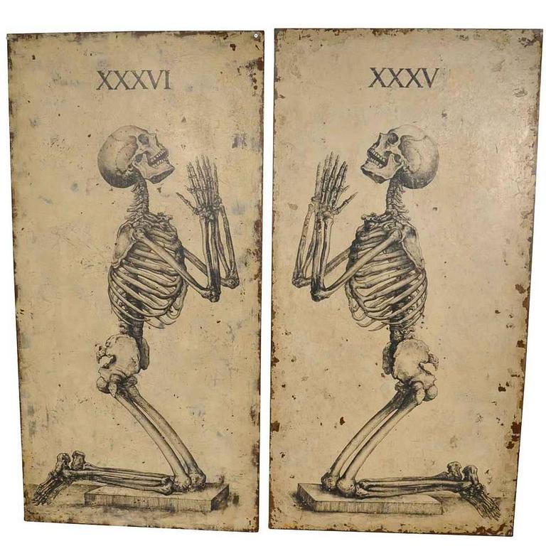 Pair of Large Skeleton Paintings on Metal at 1stDibs