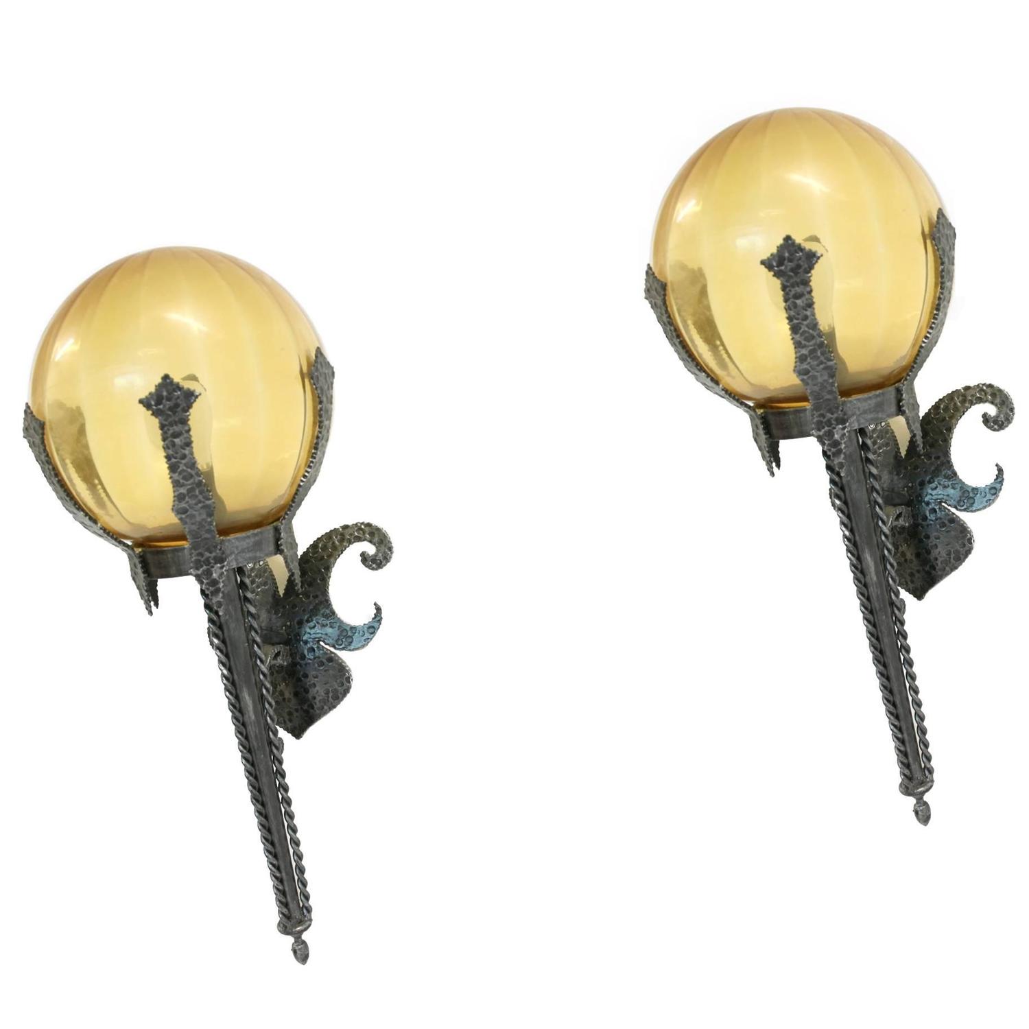 Pair of Large Gothic Outdoor Wall Lamps in Iron, 1950s For Sale at 1stdibs