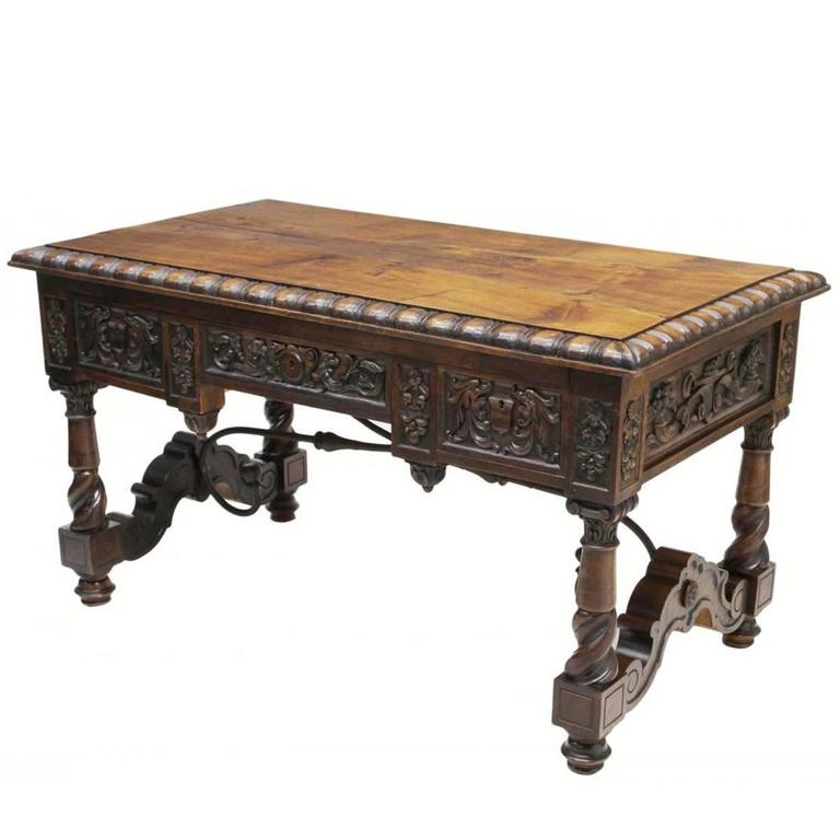 Spanish Renaissance Style Carved Desk with Iron Stretcher, 19th Century ...