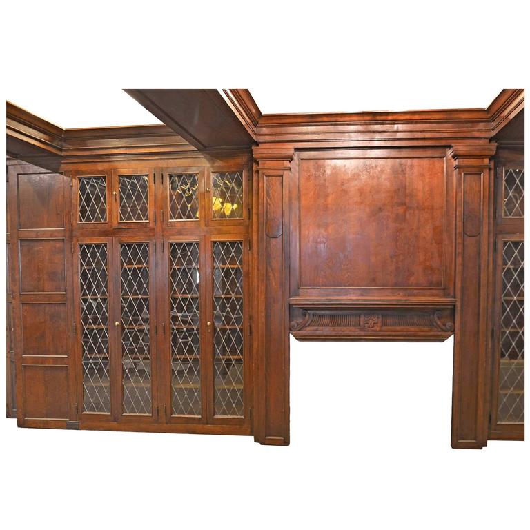 Complete Walnut Library with Diamond Pane Leaded Glass Doors, circa ...