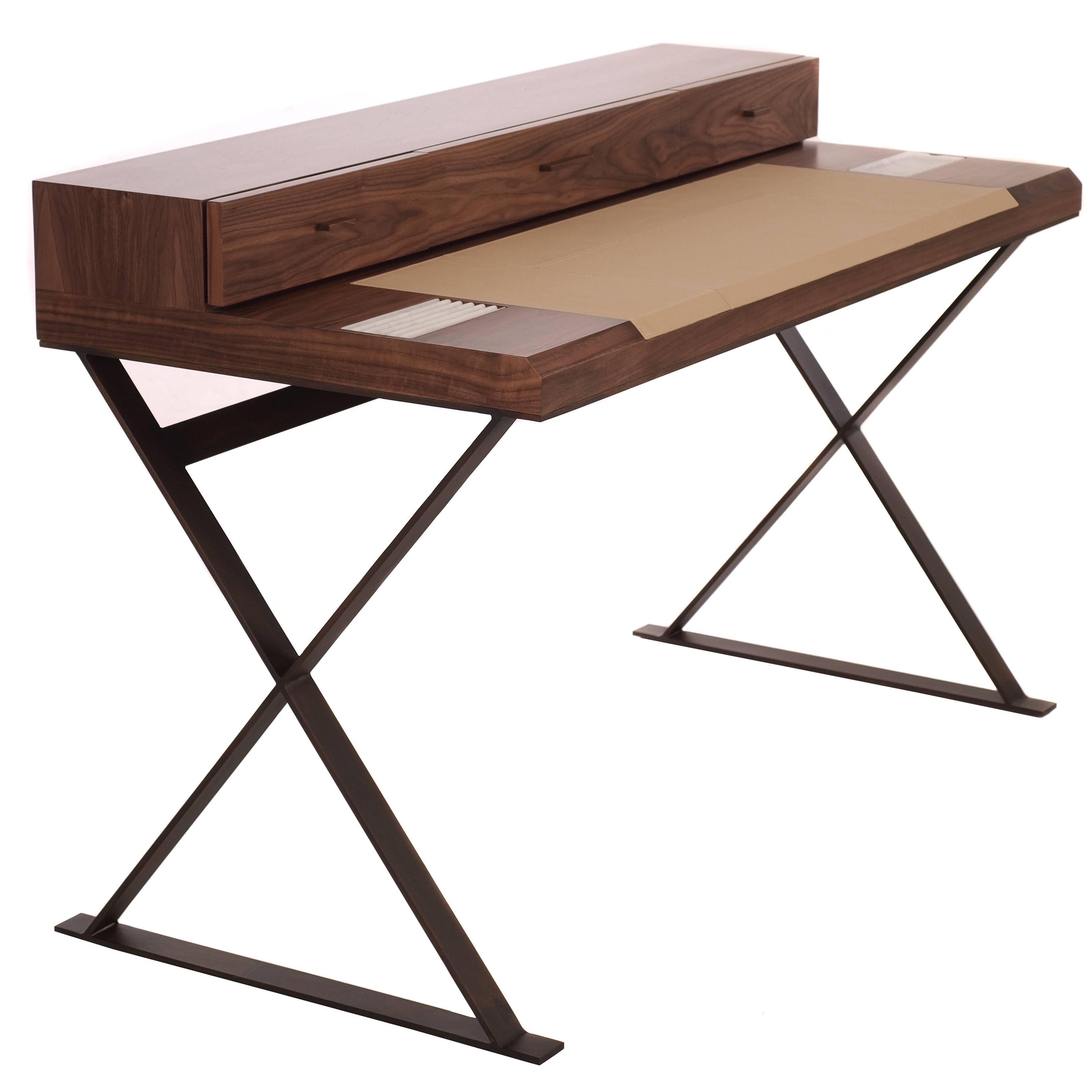 Italian Hemingway Walnut, Leather and Marble Desk For Sale at 1stDibs