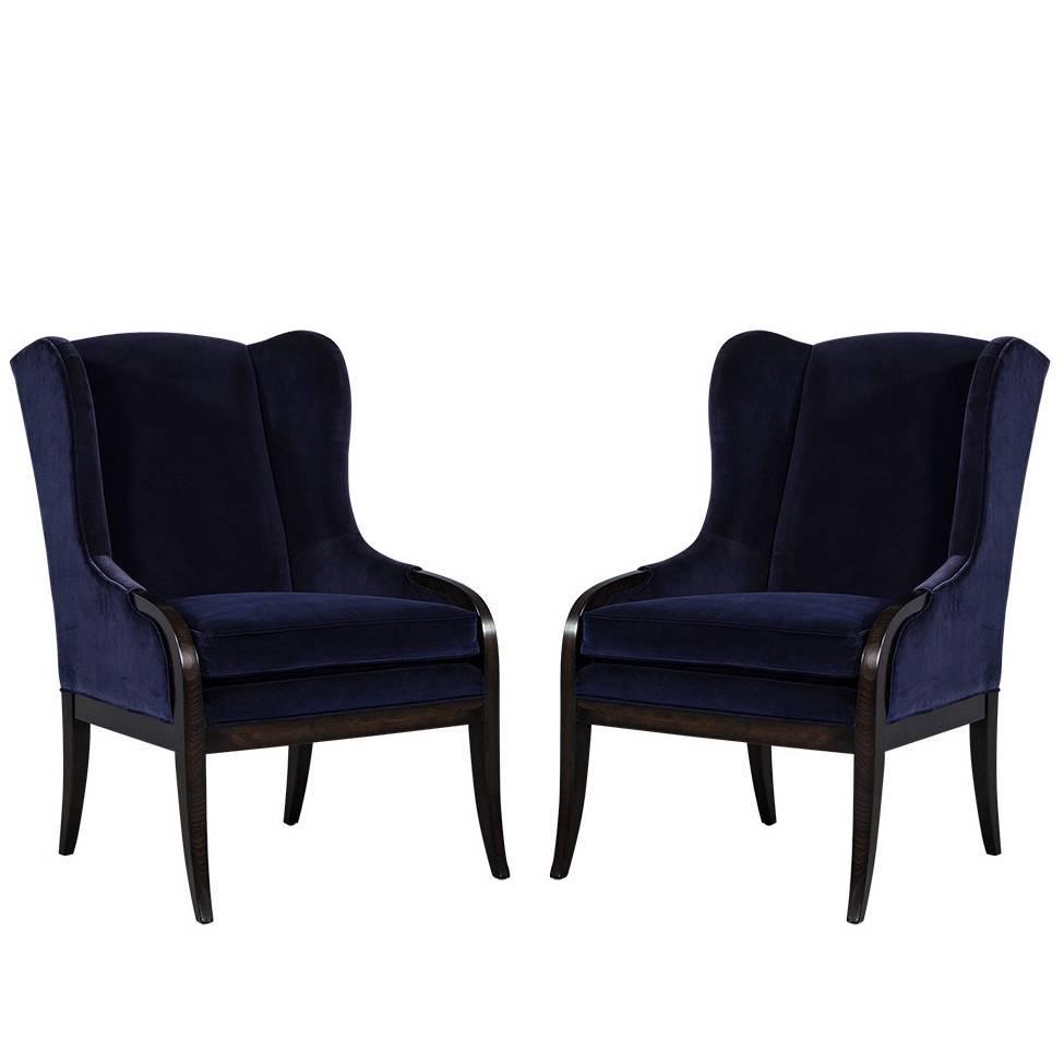 Pair of Blue Velvet Wing Chairs by Carrocel For Sale at 1stdibs