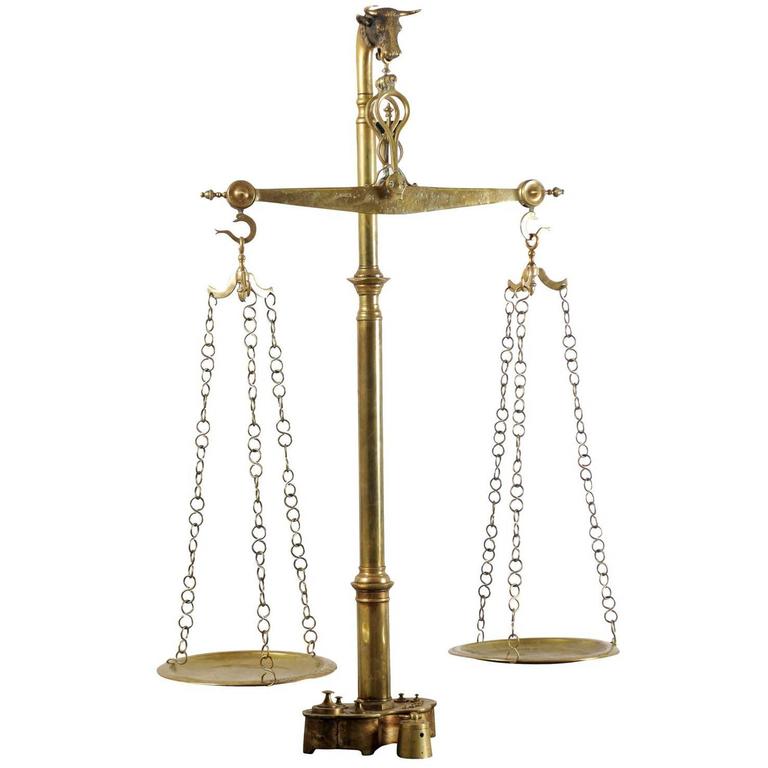 A Grand Sized 19th Century Dutch Brass Scale with Several Small Weights ...