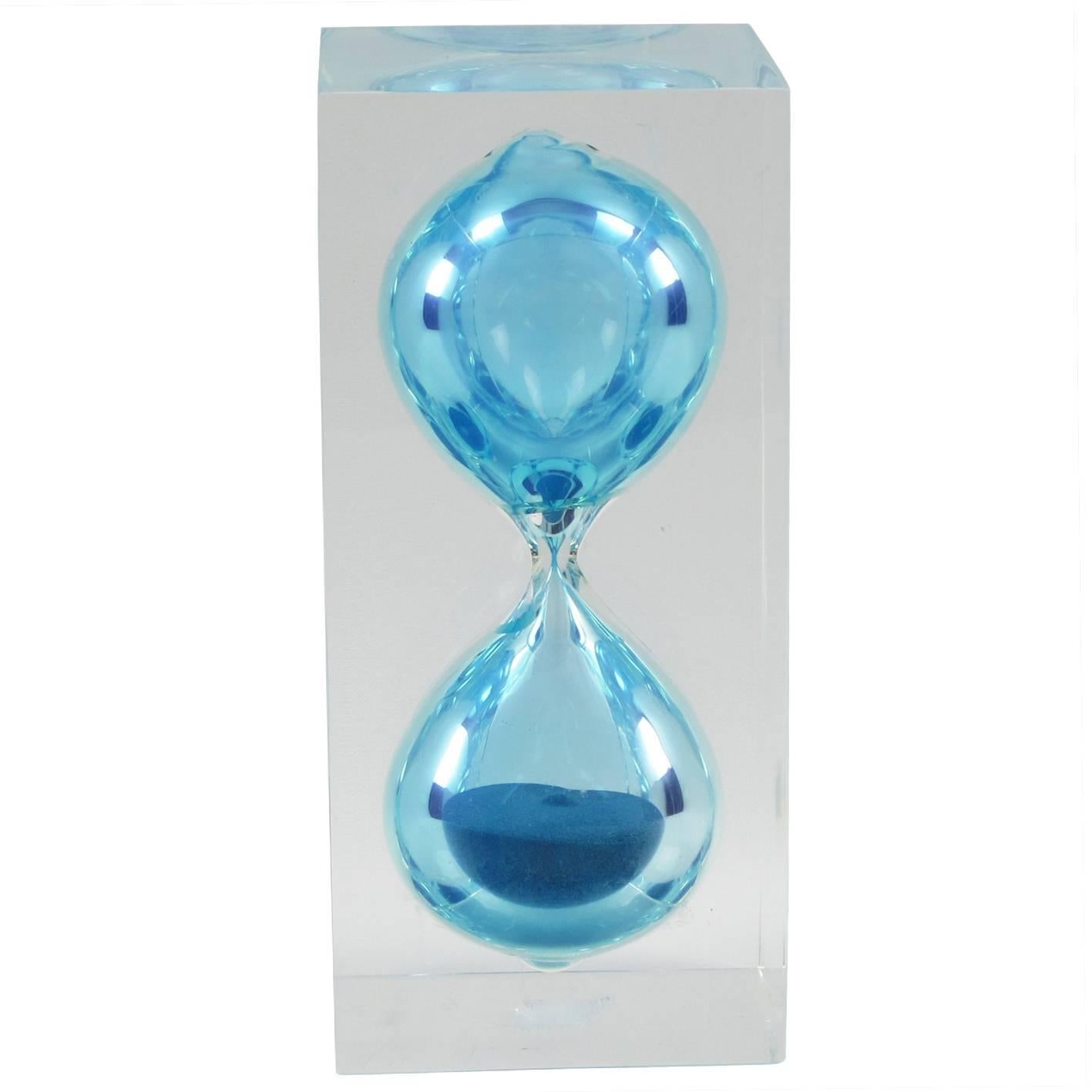 1970s Mid Century Modernist Large Lucite Hourglass with Blue Sand For ...