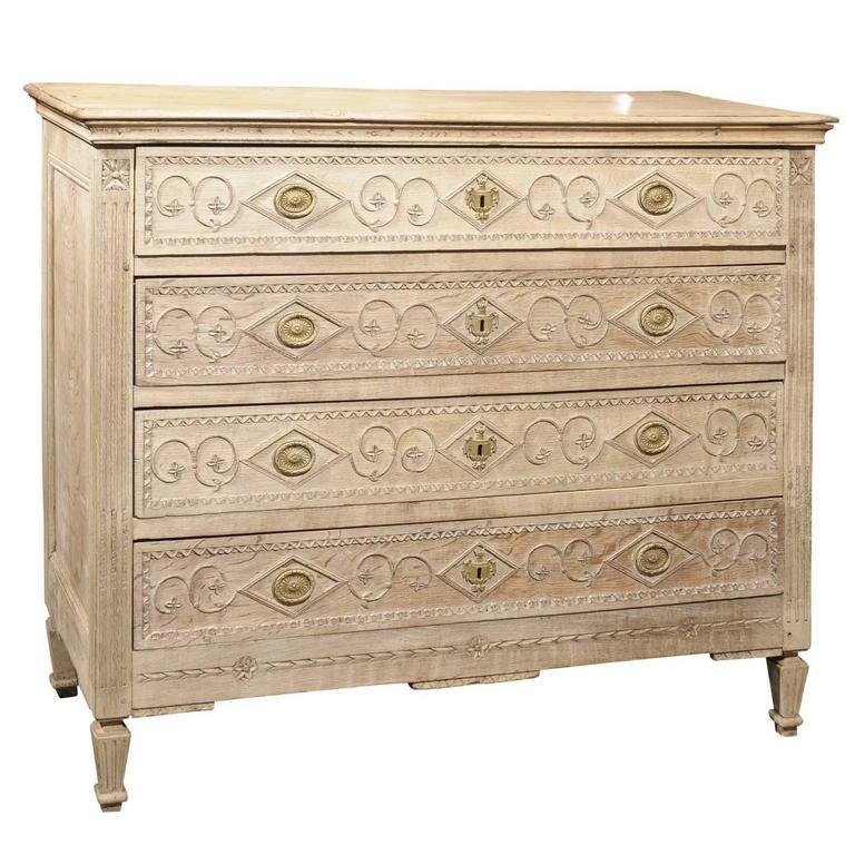 19th Century French Bleached Commode with Carved Geometrical and Floral ...