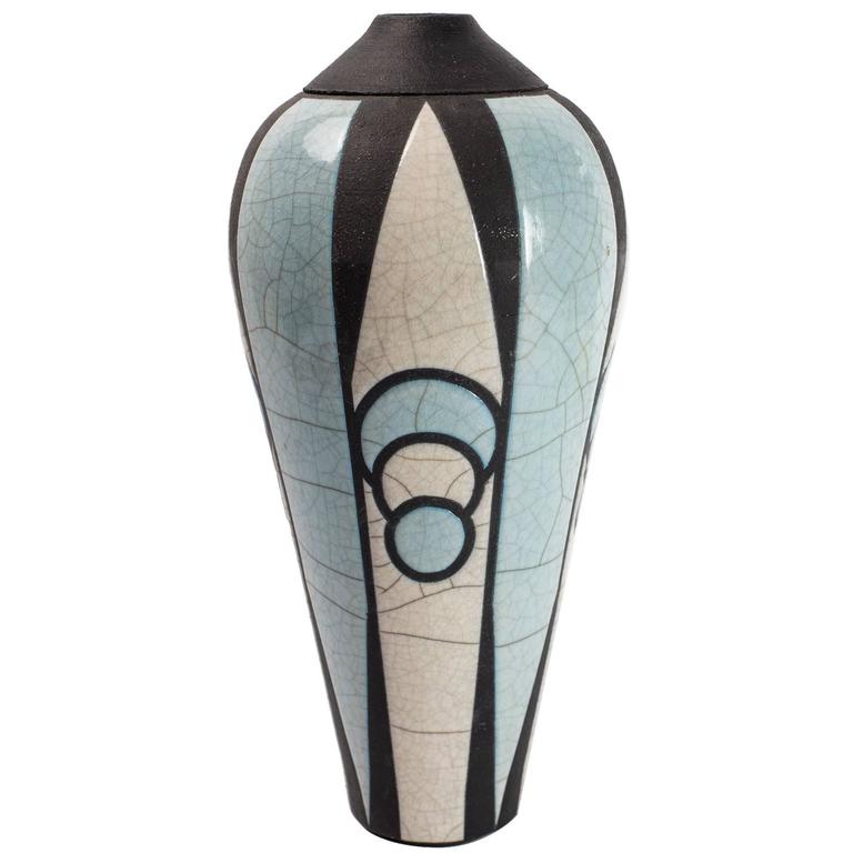 Striking American Raku Geometric Enameled Pottery Vase at 1stDibs