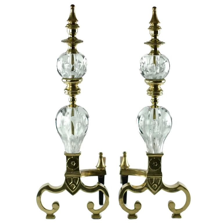 St. Clair Glass and Polished Brass Andirons with Floral Motif For Sale ...