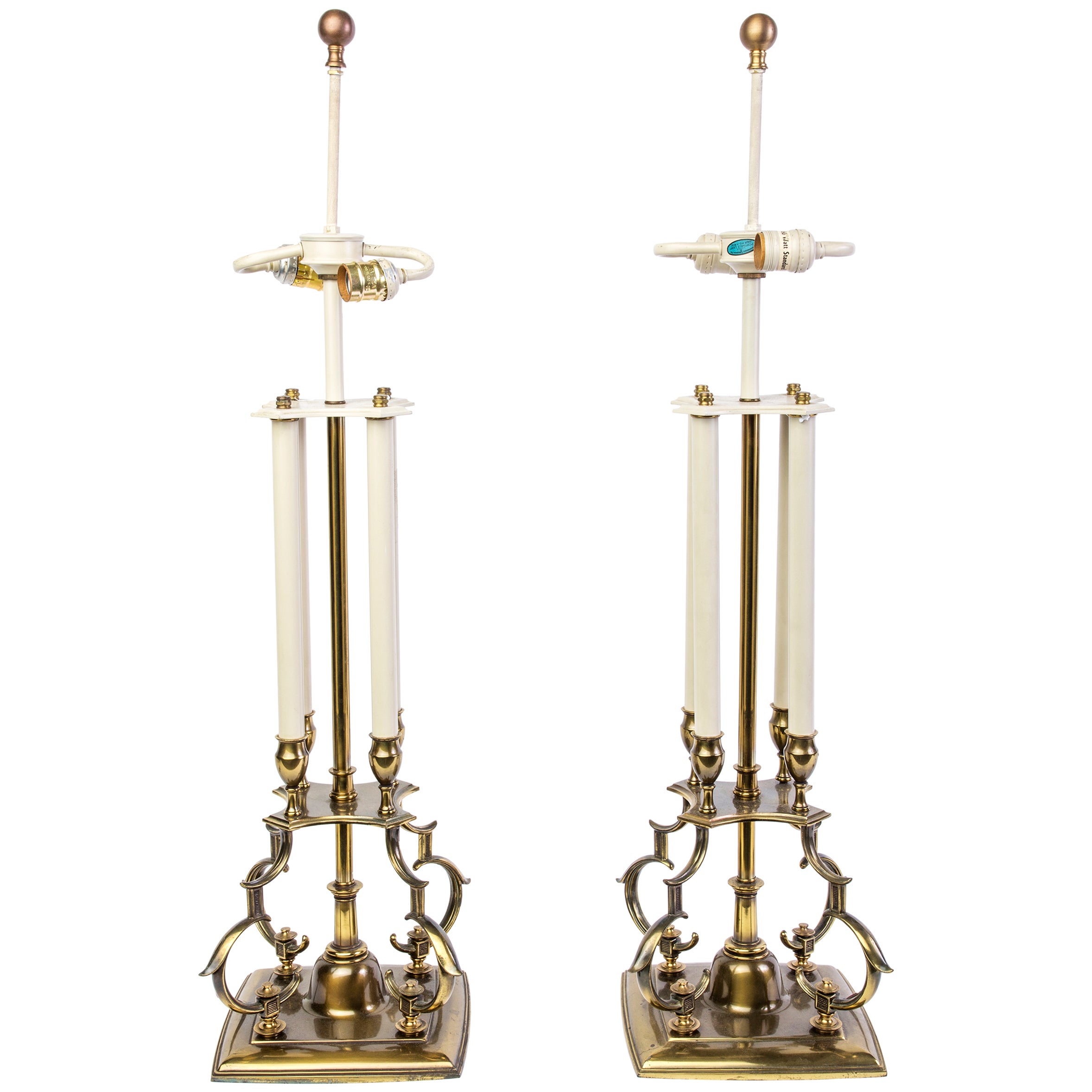 Pair of Tall Stiffel Brass Candlestick Lamps with Handstitched Rawhide ...
