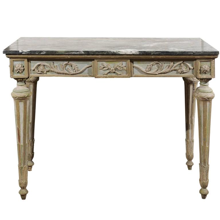 French Louis XVI Style Blue Green Wooden Console Table with Marble Top ...