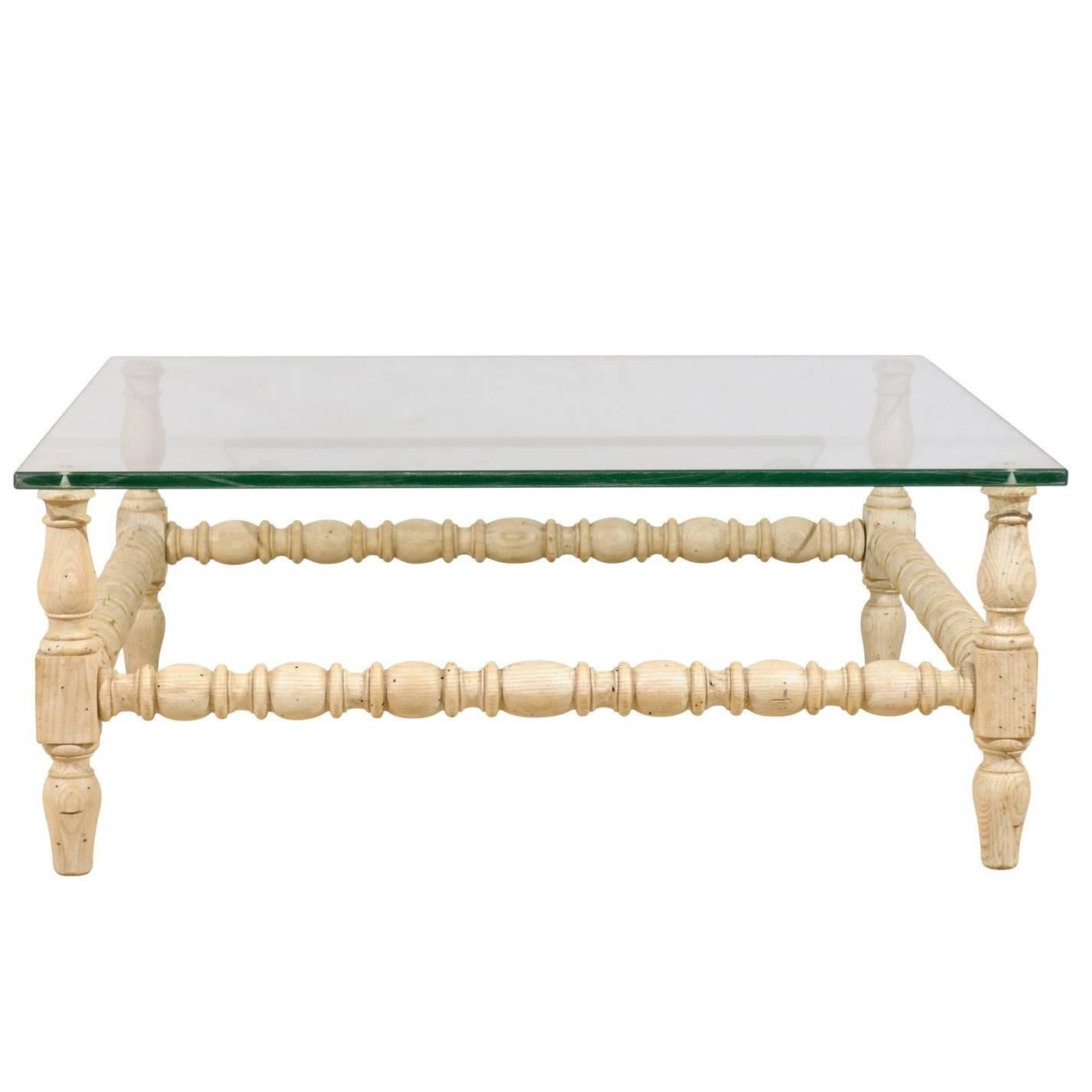 Square Shaped Glass Top Table with Bleached Wood Base and Turned Legs ...