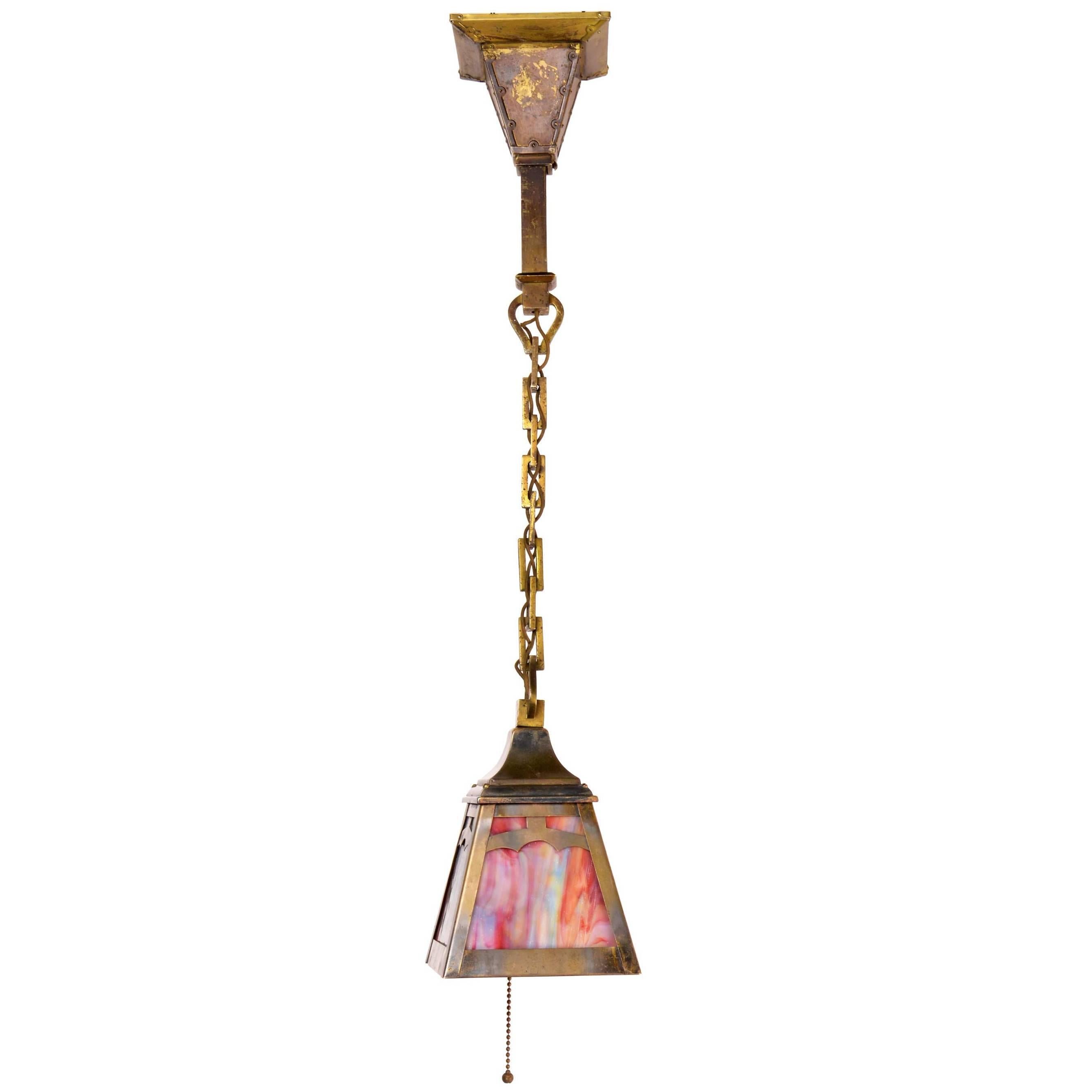Philip Handel Lighting Co. Brass Pendant with Colorful Slag Glass ...
