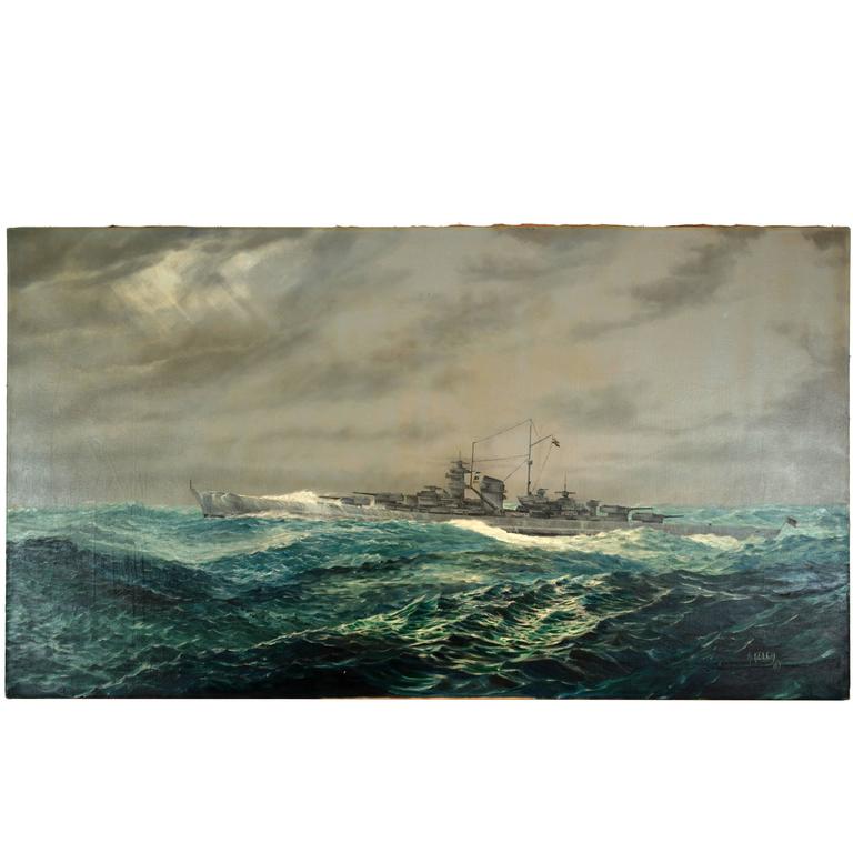 Large German War Ship Painting at 1stDibs