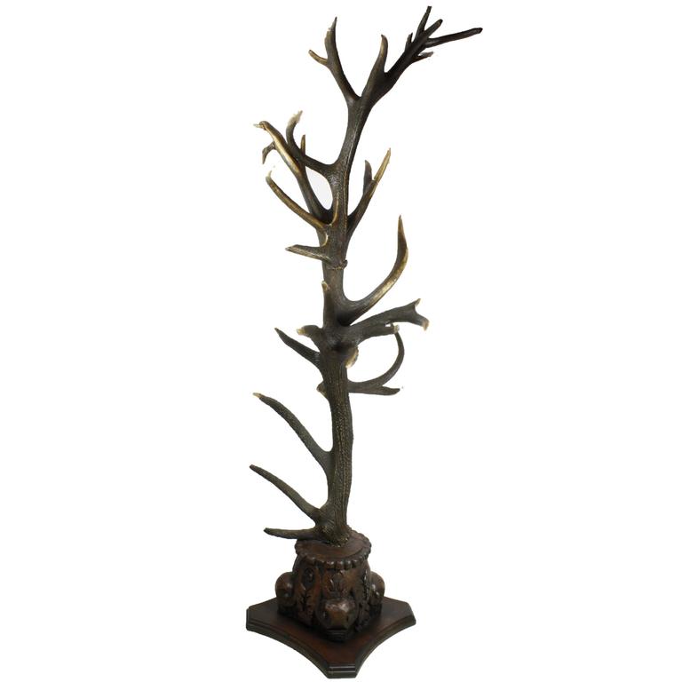 German Red Stag Antler Hall Tree with Carved Base at 1stDibs