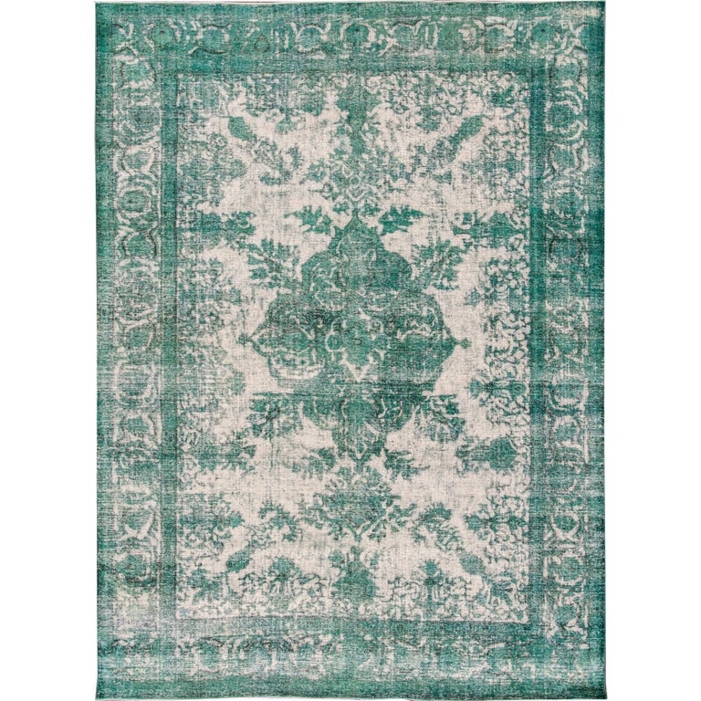 20th Century Antique Overdyed Handmade Green Medallion Persian Wool Rug For Sale at 1stDibs