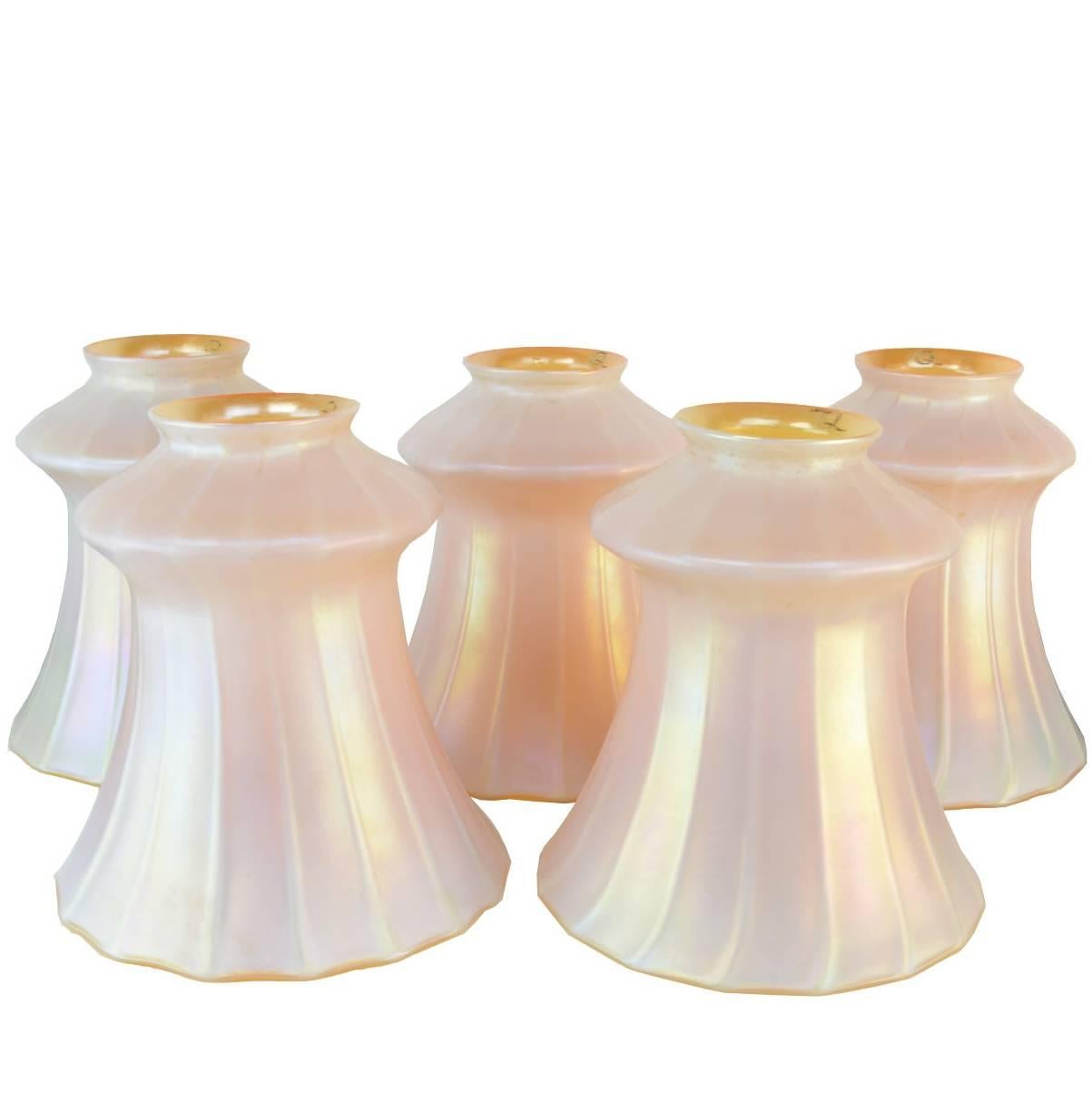 Five Matching Quezal Calcite and Aurene Fluted Shade, Signed at 1stDibs