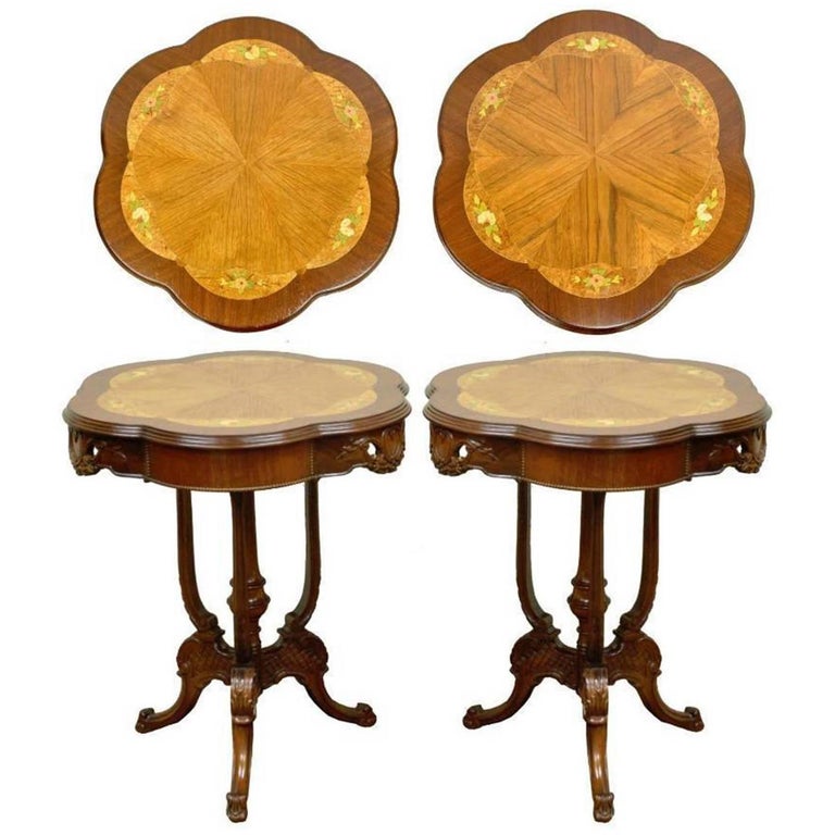 Pair Antique French Louis XV Style Floral Satinwood Inlay Walnut Lamp ...