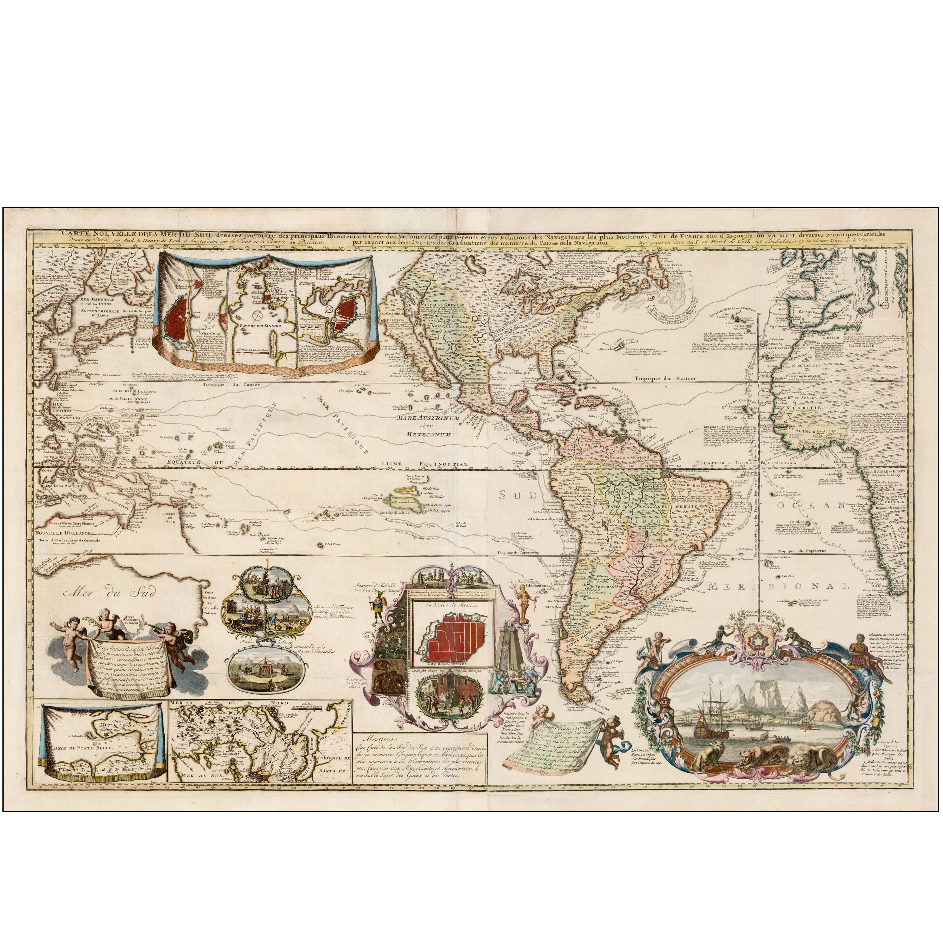 1730 Hand-Colored Antique Map of the Americas For Sale at 1stDibs