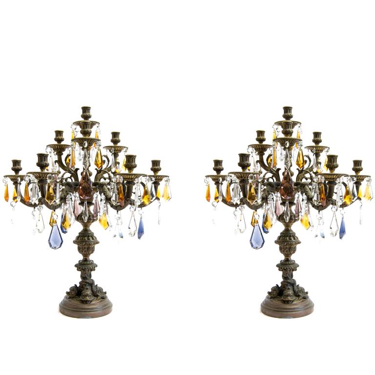 Bronze Pair of Candelabra or Table Centerpieces with Colored Crystals ...