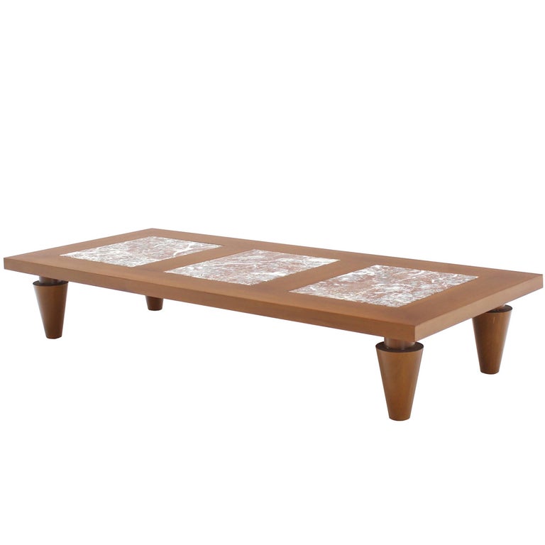 Large Rectangular Coffee Table on Heavy Legs with Marble Inserts at 1stDibs