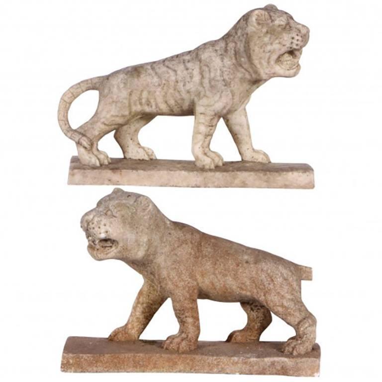 Pair of Antique Carved Marble Tigers at 1stDibs