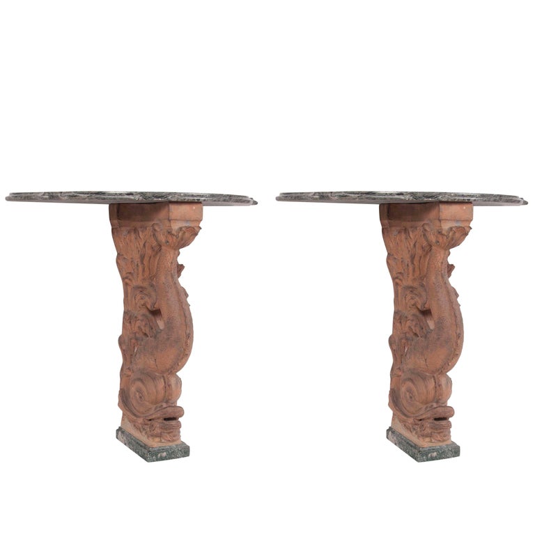 Pair of Italian Terracotta Dolphin Console Tables with Marble Tops at ...