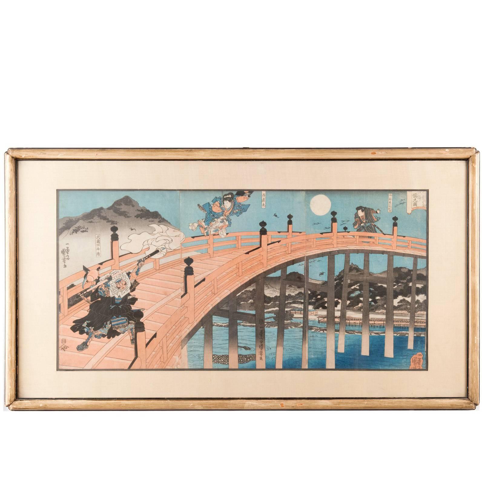 Japanese Woodblock Print of Benkei and Ushikawa-Maru Fight on Gojo ...