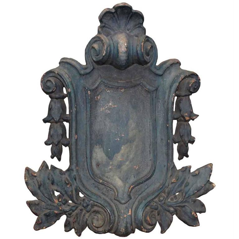 1930s Decorative Cast Iron Floral Building Shield with Green Paint For ...